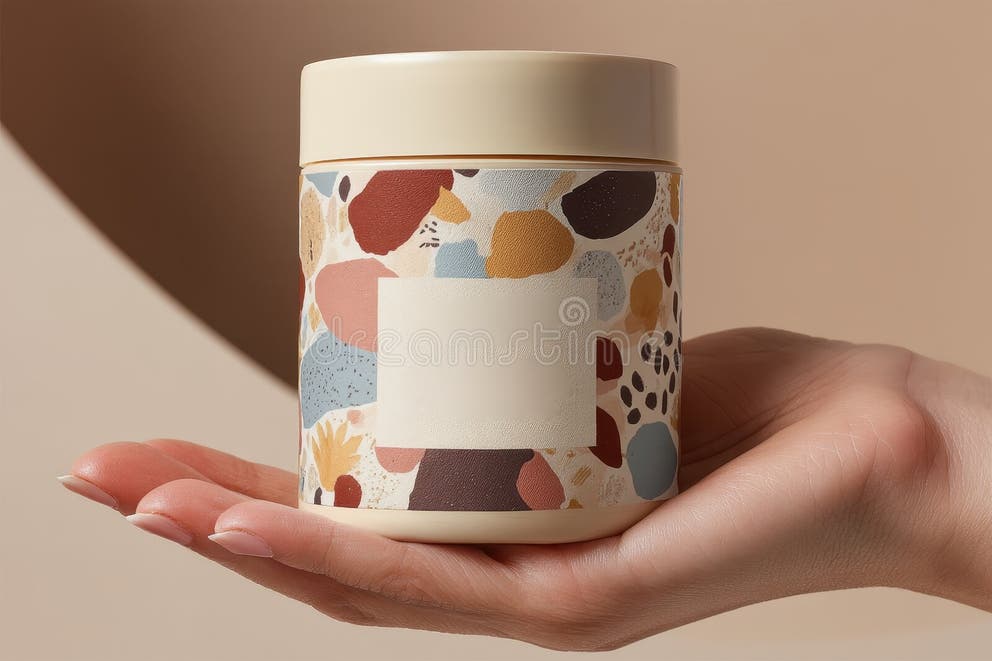Hand Presenting Round Tin Container Mockup with Colorful Patterns for ...