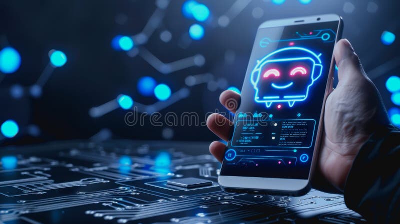 Hand Presenting Smartphone with Illuminated AI Chatbot Interface and ...