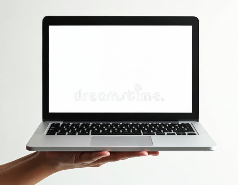 Hand Presents Laptop Blank Screen. Modern Portable Computer with ...