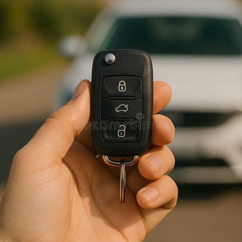 A Hand Presents a Modern Car Key with Car in Soft Focus, Conveying ...
