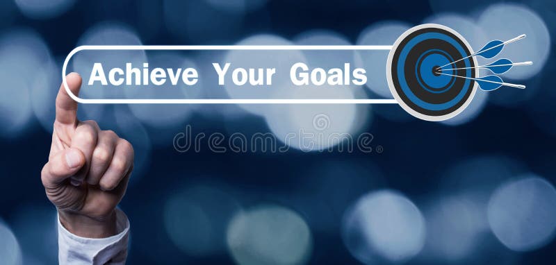 Hand Press Achieve Your Goals Text with a Target Dart Stock Image ...