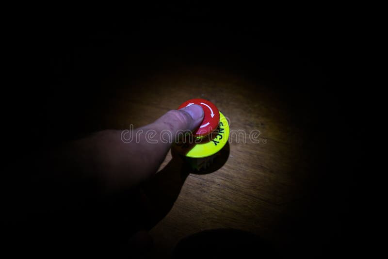 Hand Press on Big Red Button Grounge Background. Red Button on Table in ...