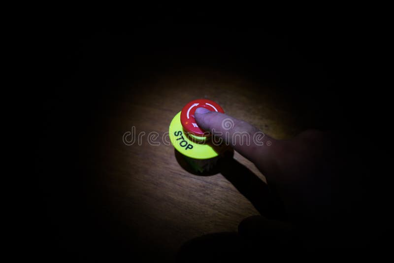 Hand Press on Big Red Button Grounge Background. Red Button on Table in ...