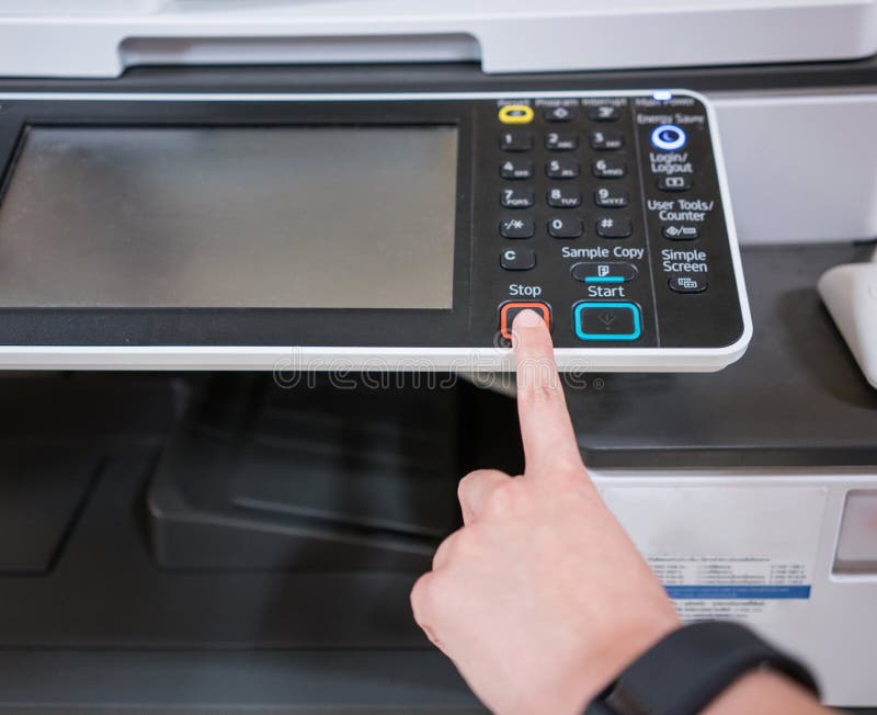 Hand Press Button on Panel of Copier Stock Photo - Image of machine ...