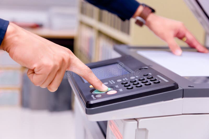 Hand Press Button on Panel of Printer. Stock Photo - Image of person ...