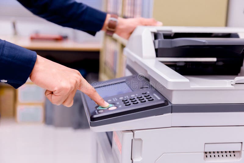 Hand Press Button on Panel of Printer. Stock Photo - Image of business ...