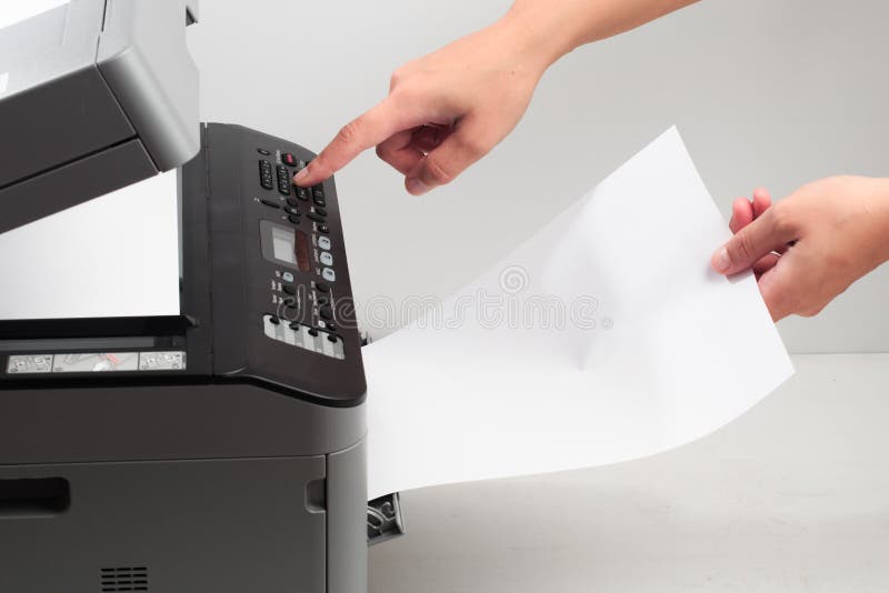 Hand Press Button on Panel of Printer. Printer Scanner Laser Office ...