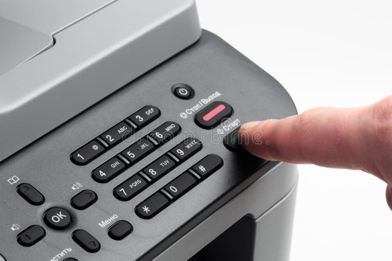 Hand Press Button on Panel of Printer. Printer Scanner Laser Office ...