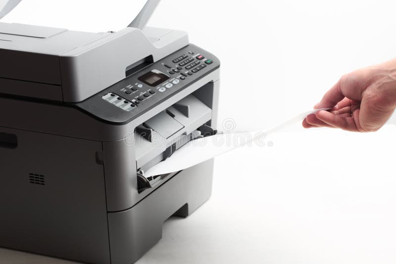Hand Press Button on Panel of Printer. Printer Scanner Laser Office ...