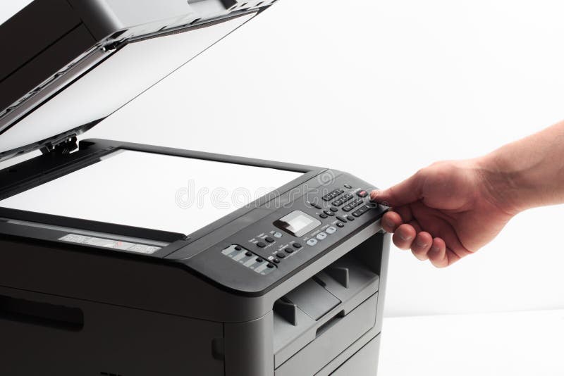Hand Press Button on Panel of Printer. Printer Scanner Laser Office ...