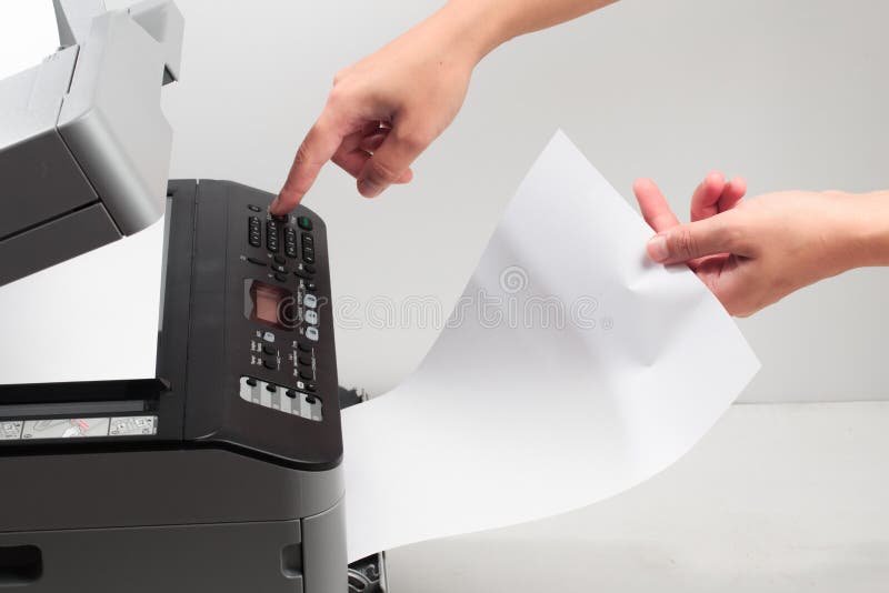 Hand Press Button on Panel of Printer. Printer Scanner Laser Office ...