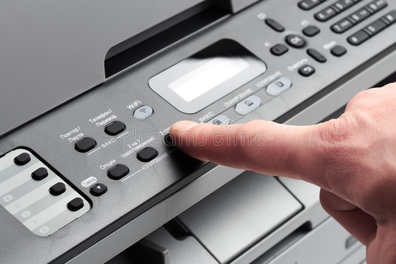 Hand Press Button on Panel of Printer. Printer Scanner Laser Office ...