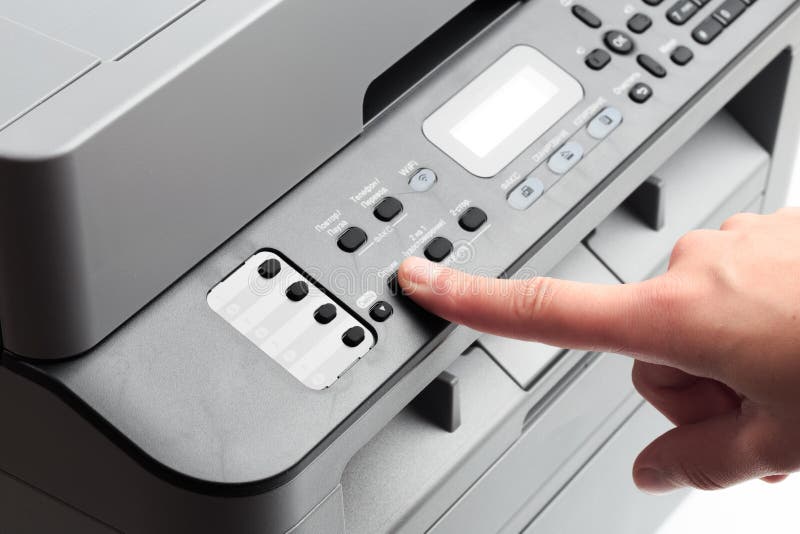 Hand Press Button on Panel of Printer. Printer Scanner Laser Office ...