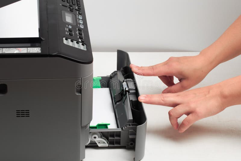 Hand Press Button on Panel of Printer. Printer Scanner Laser Office ...