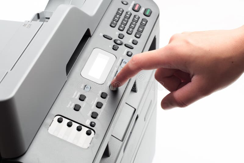 Hand Press Button on Panel of Printer. Printer Scanner Laser Office ...
