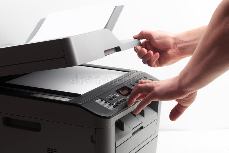 Hand Press Button on Panel of Printer. Printer Scanner Laser Office ...