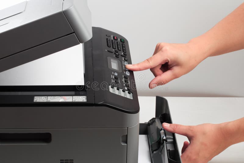 Hand Press Button on Panel of Printer. Printer Scanner Laser Office ...