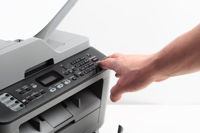 Hand Press Button on Panel of Printer. Printer Scanner Laser Office ...