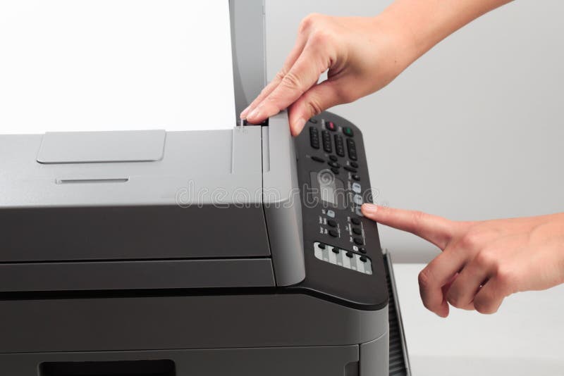 Hand Press Button on Panel of Printer. Printer Scanner Laser Office ...