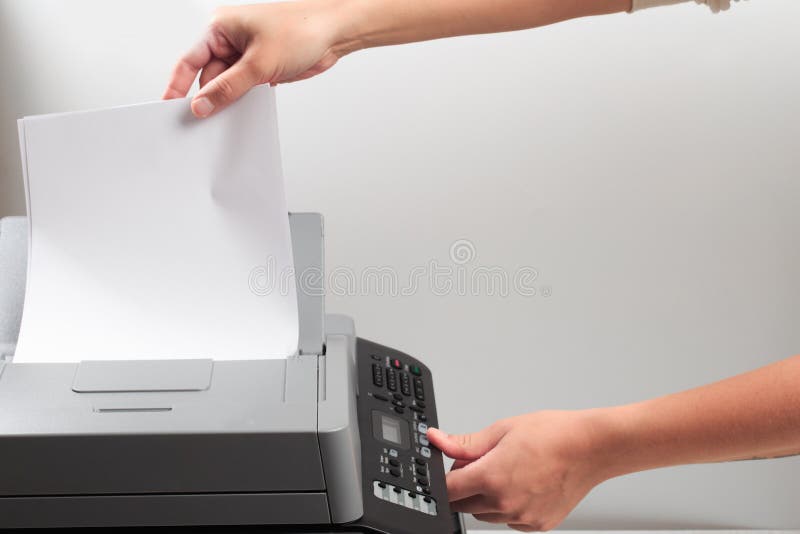 Hand Press Button on Panel of Printer. Printer Scanner Laser Office ...