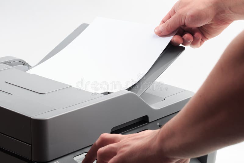 Hand Press Button on Panel of Printer. Printer Scanner Laser Office ...