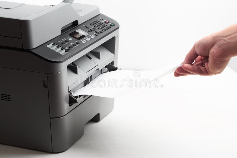 Hand Press Button on Panel of Printer. Printer Scanner Laser Office ...
