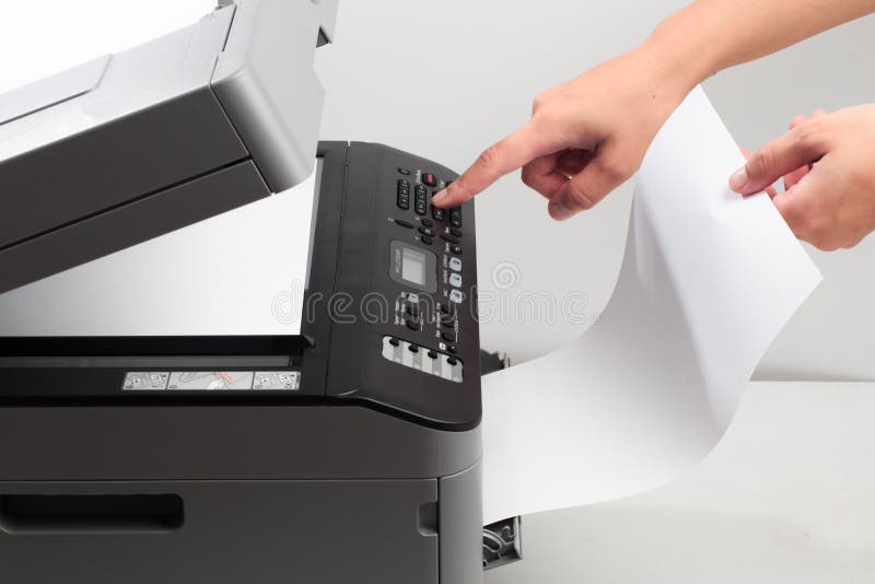 Hand Press Button on Panel of Printer. Printer Scanner Laser Office ...