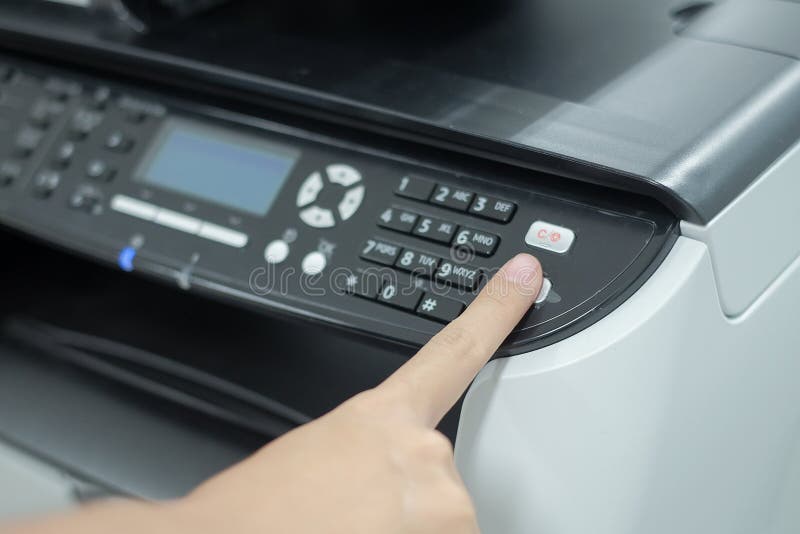 Hand Press Button on Panel of Printer Scanner or Laser Copy Machine in ...