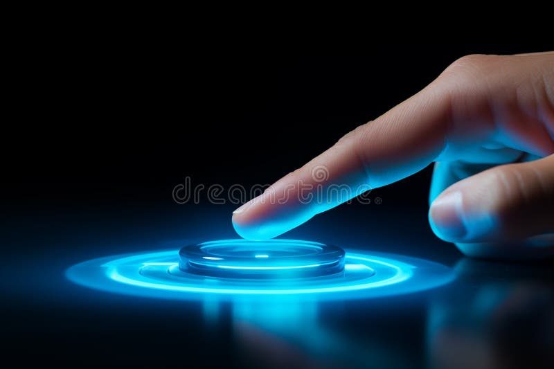 Hand Press Digital Button with Virtual Light in Dark Background. by ...