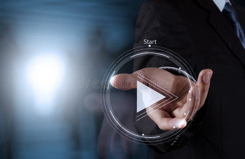 Hand Press Play Button Sign To Start Stock Photo - Image of engineer ...