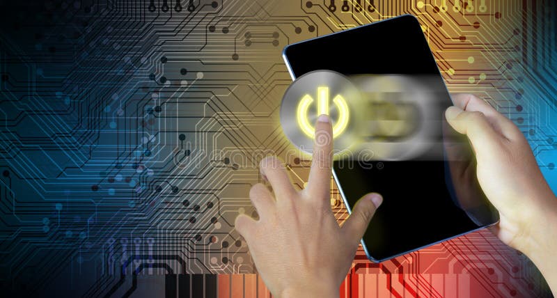 Hand Press Power Button on a Digital Tablet Screen Stock Image - Image ...
