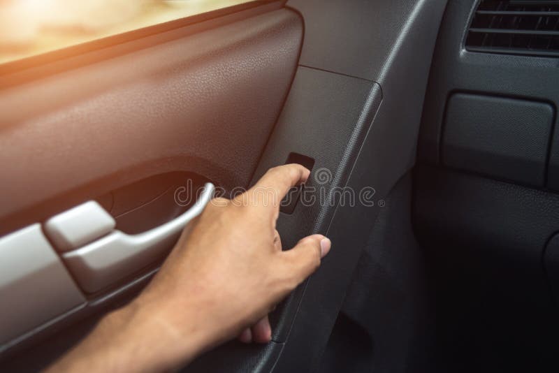 Hand Men Press the Slider in the Car. Stock Image - Image of power ...