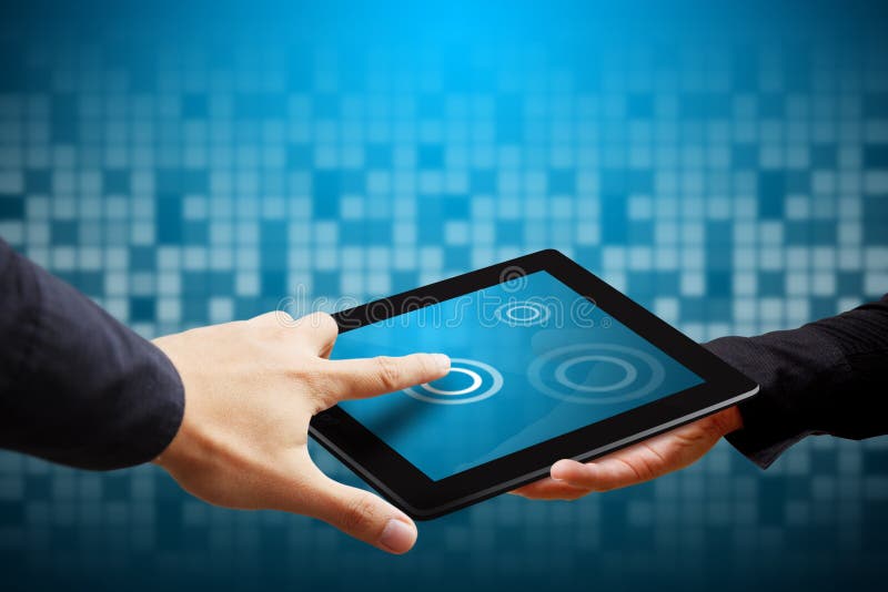 Hand press on tablet stock image. Image of earth, blue - 27345929