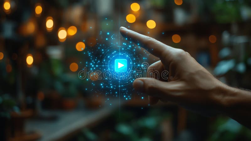 A Hand Presses a Bright Blue Play Button in a Modern Stock Image ...