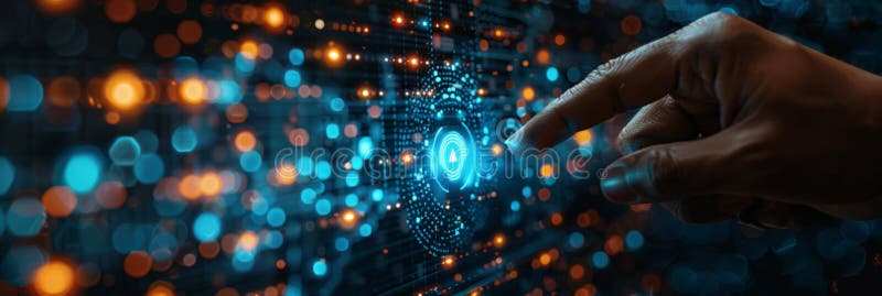 A Hand Presses a Button on a Digital Screen in a Technology Demo Stock ...