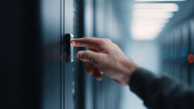 A Hand Presses a Button on Server Rack Equipment in a Dark Server Room ...