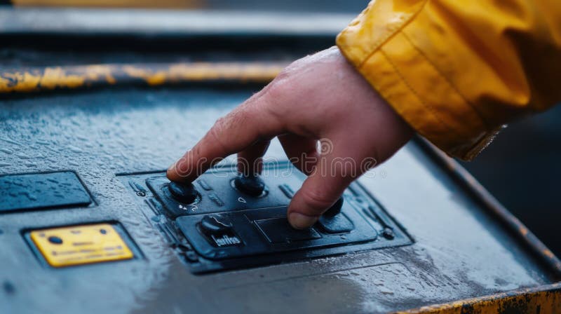 Worker Operates Equipment Controls while Wearing a Yellow Rain Jacket ...