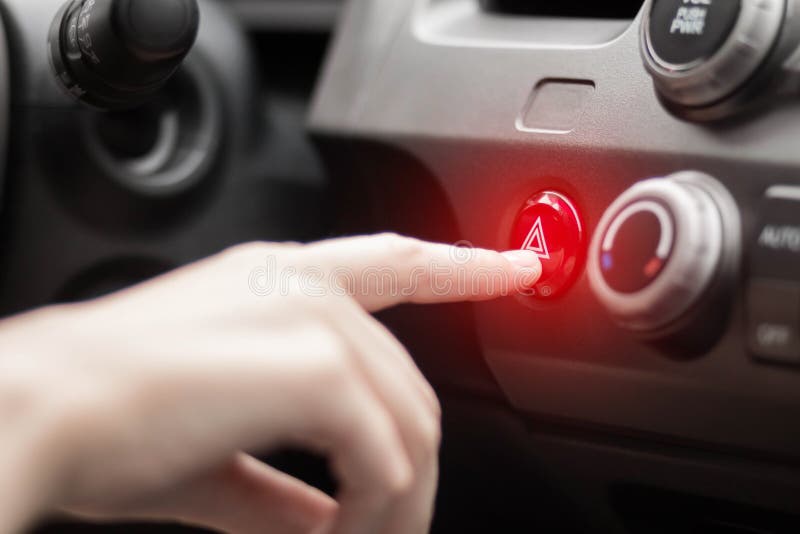 The Hand Presses the Emergency Stop Button in the Car. Close Up Stock ...