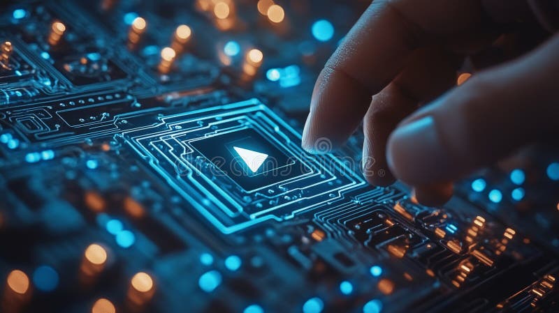 A Hand Presses the Play Button on an Advanced Touchscreen Interface ...