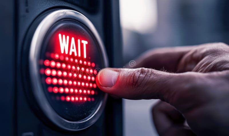 A Finger is Pressing a Glowing Red WAIT Button, Indicating a Process is ...