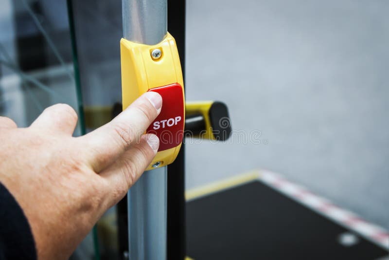 Hand Presses Stop Button in Modern Bus, Electric Bus Stock Image ...