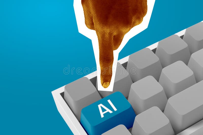 Hand Pressing Blue AI Button on Keyboard. Digital Collage of Artificial ...