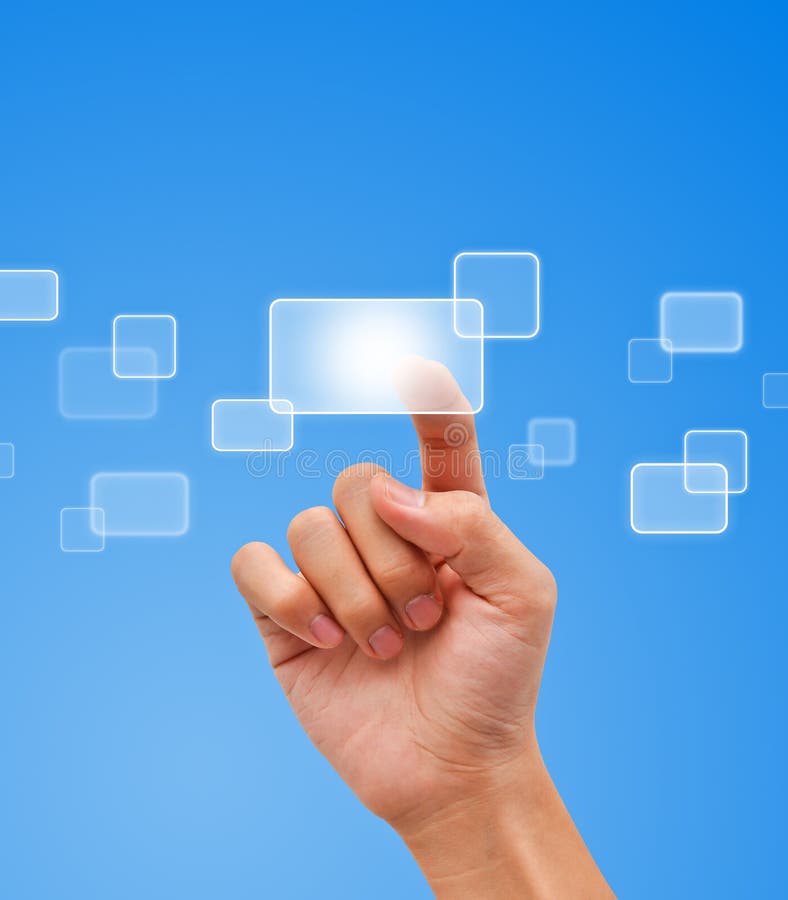 Hand Pressing Abstract Button on Touchscreen Stock Image - Image of ...