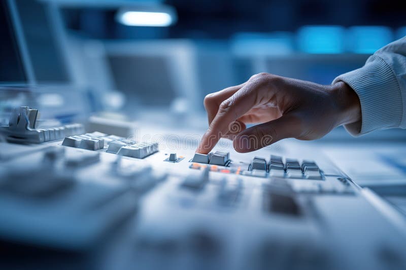 Hand Pressing a Button on a Control Panel in a High-tech Environment ...