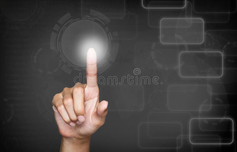 Hand Pressing Button in Gray Background Stock Image - Image of ...