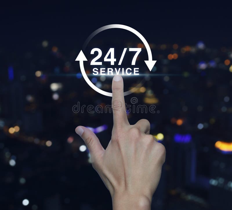 Hand Pressing Button 24 Hours Service Icon Over Blurred Light Ci Stock ...