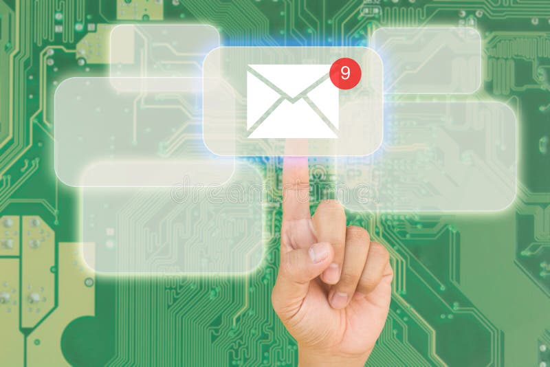 Hand Pressing Button On Interface With Blue PCB Bord Backgroun Stock ...