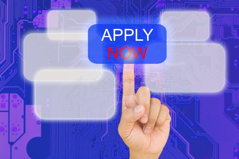 Hand Pressing Button on Interface with Blue PCB Bord Backgroun Stock ...