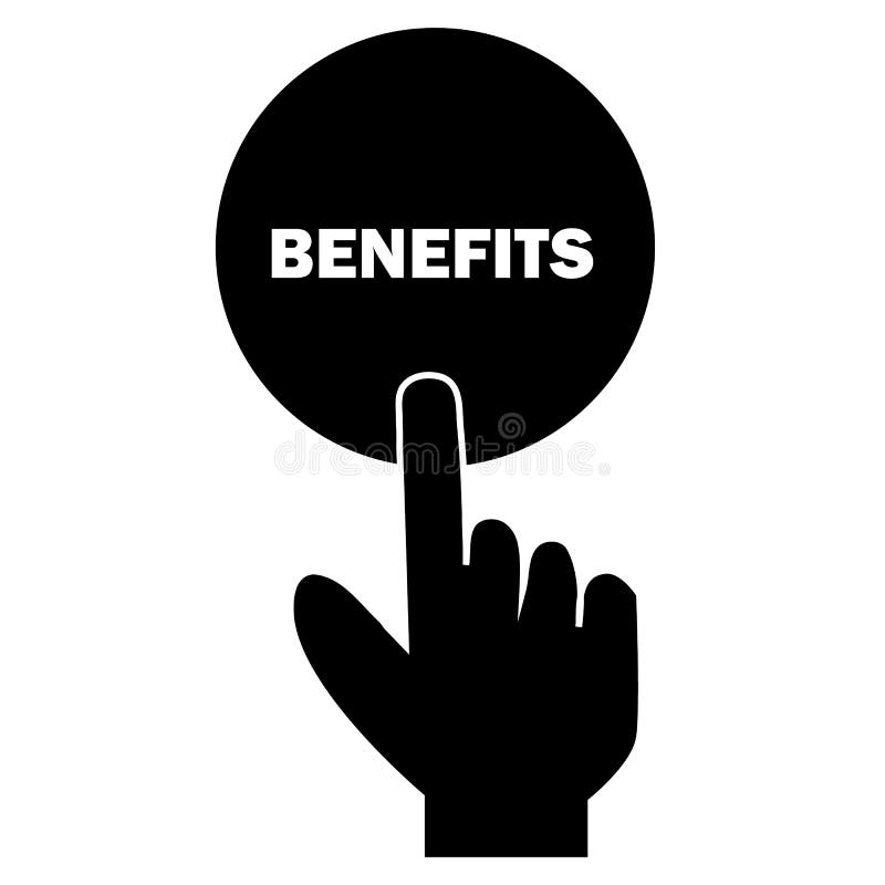 Hand Pressing a Button with the Text BENEFITS Icon on White Background ...