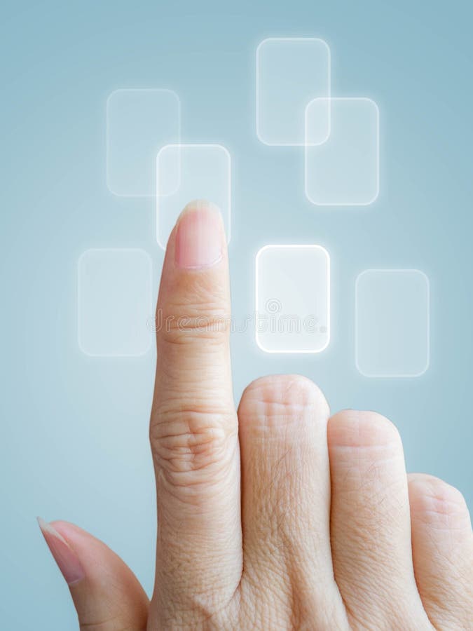 Hand Pressing Button on Virtual Screens Stock Photo - Image of concept ...
